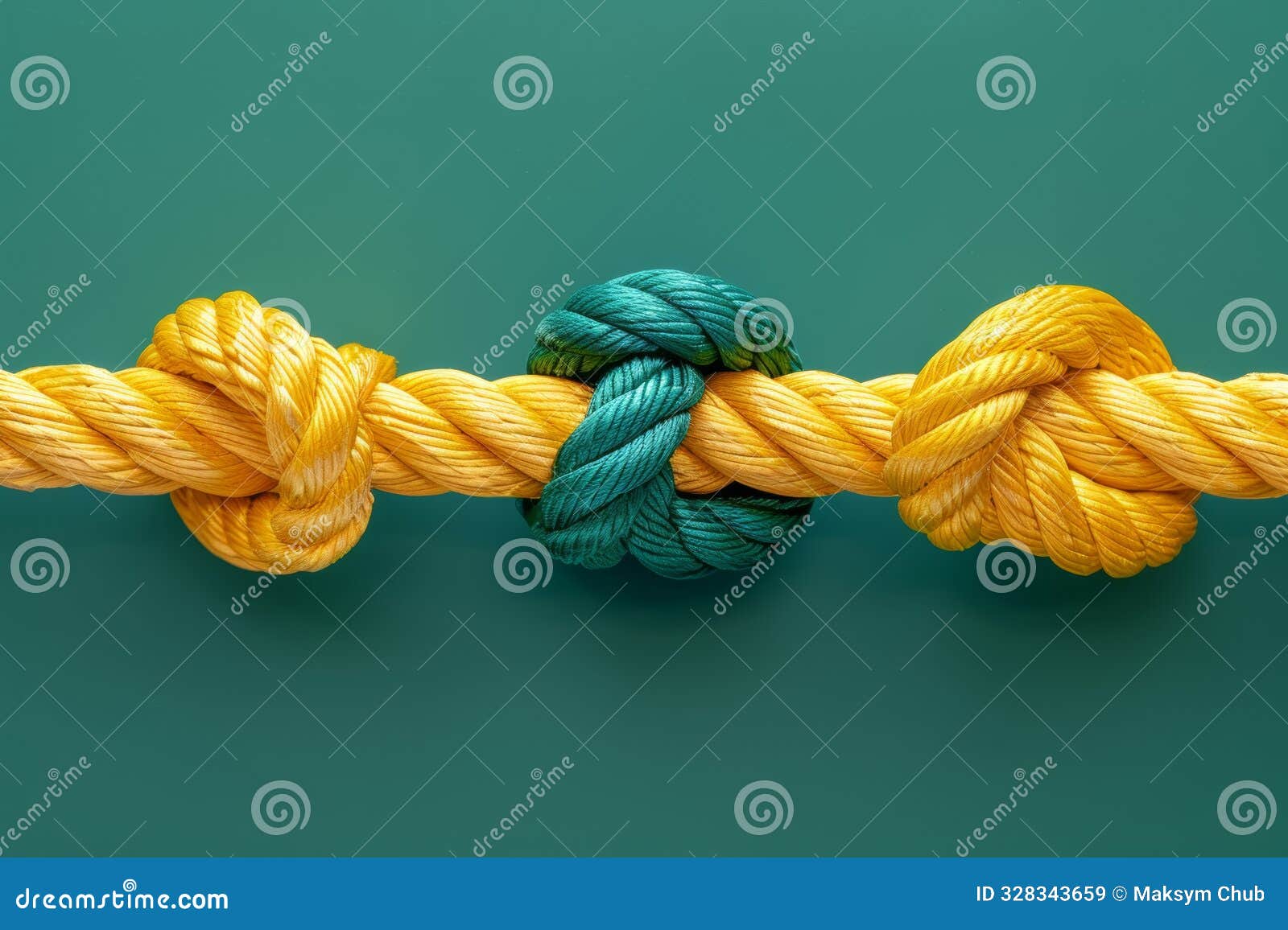 Three Knotted Ropes, Strong Green Knot Joining Yellow Ropes, Teamwork ...