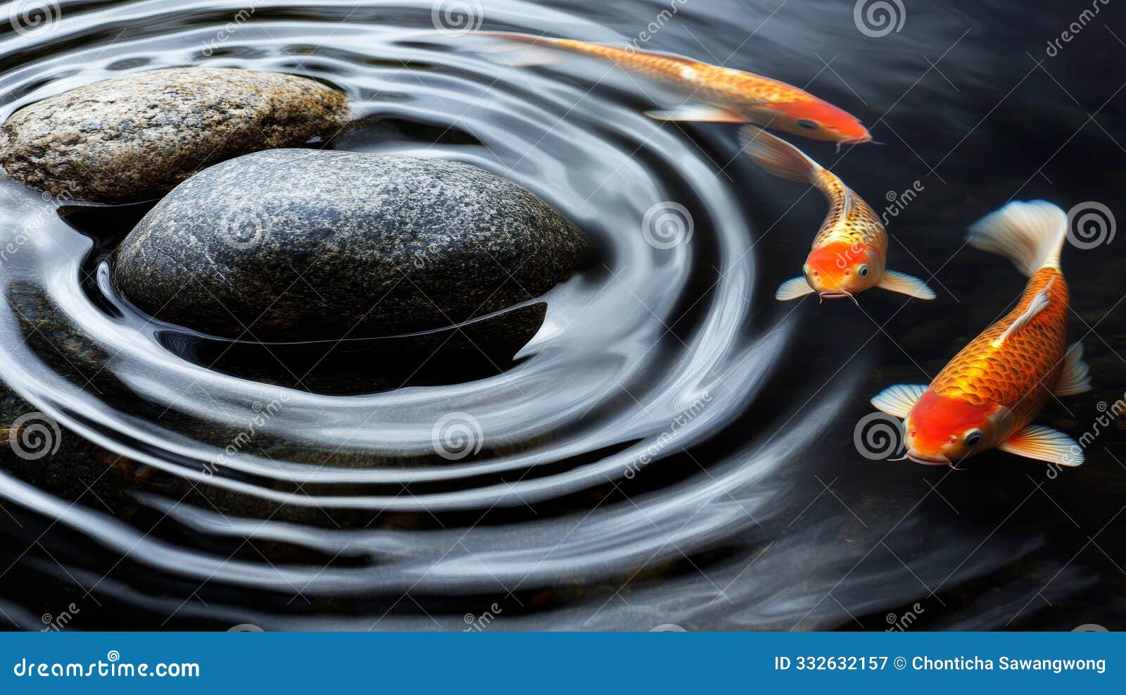 Three Koi Fish Swim in a Pond with Smooth Ripples Around Two Grey ...