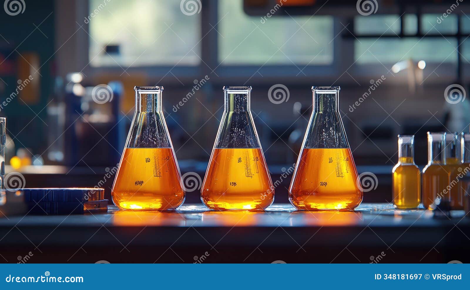 Three Laboratory Flasks with Amber Liquid on a Workbench Stock Image ...