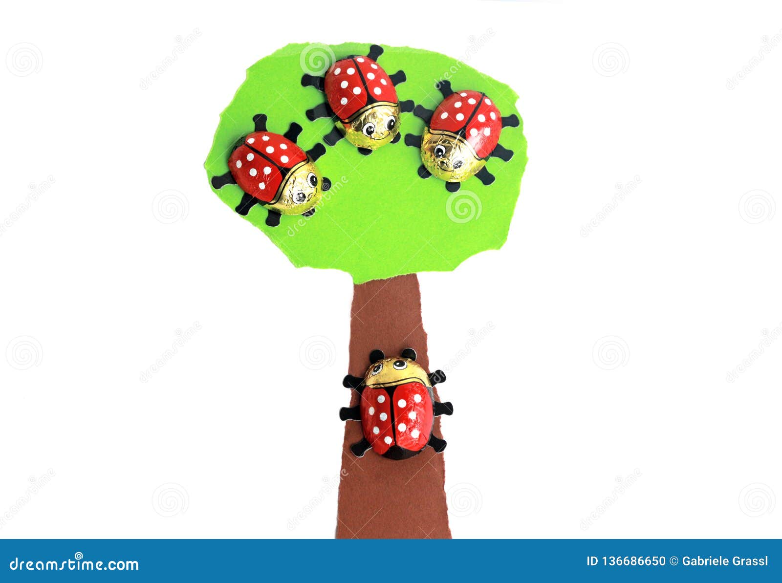 Three Ladybugs on a Tree, One Ladybug Creeping Up the Tree Trunk Stock ...