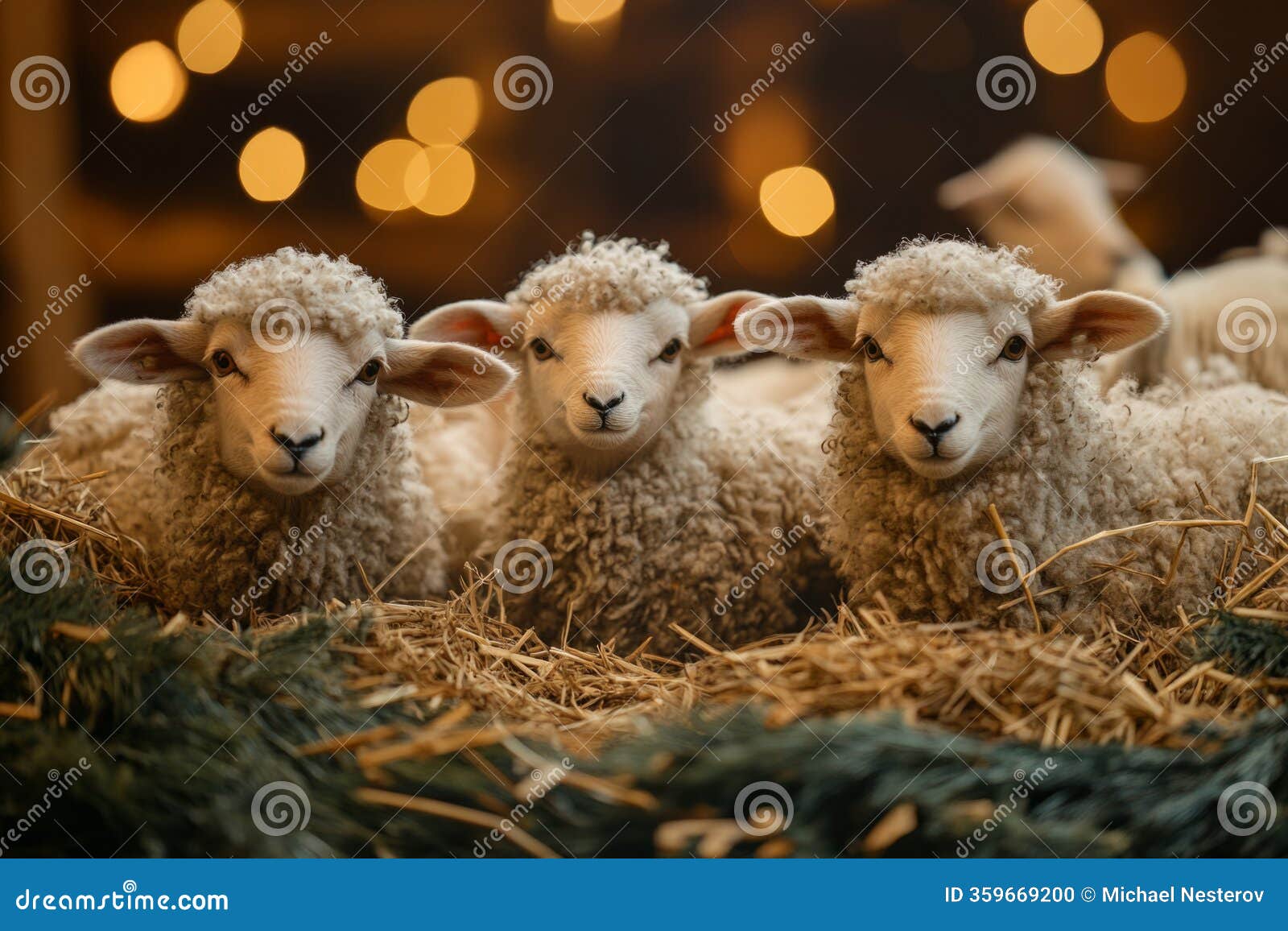 Three Lambs Lying on Straw with Christmas Lights in the Background ...