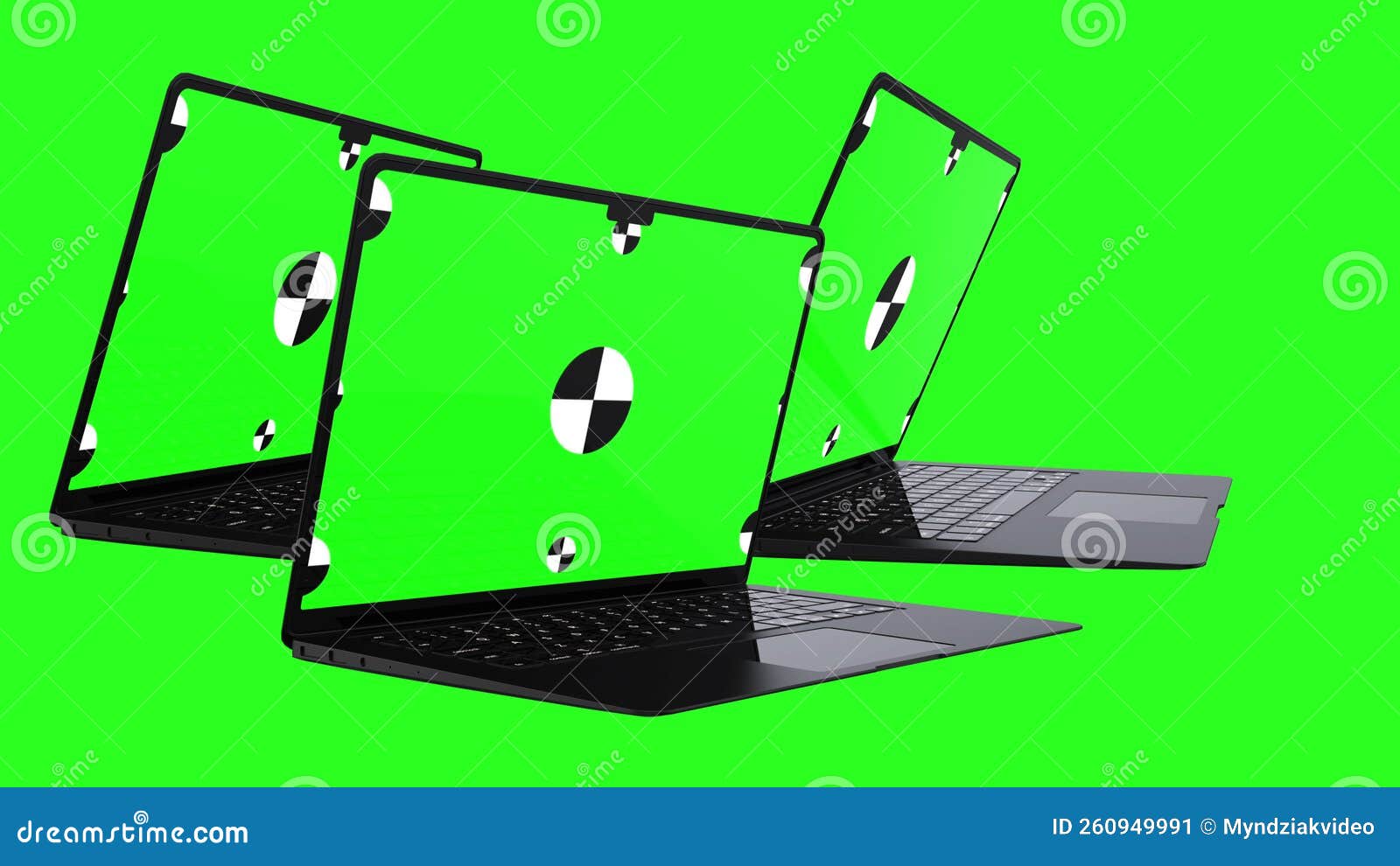 Three Laptop Revolves Around on a Green Background. Green Screen with ...
