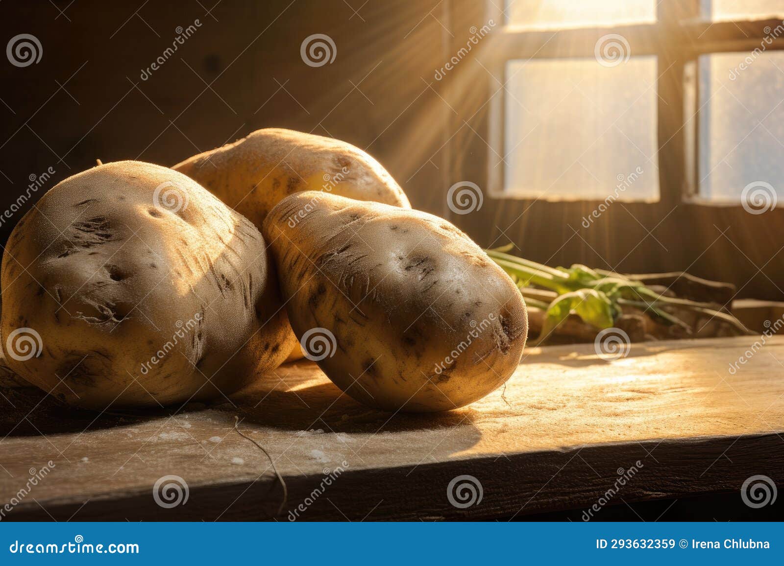 Three Large Potatoes on an Old Rustic Kitchen Table Top Stock ...