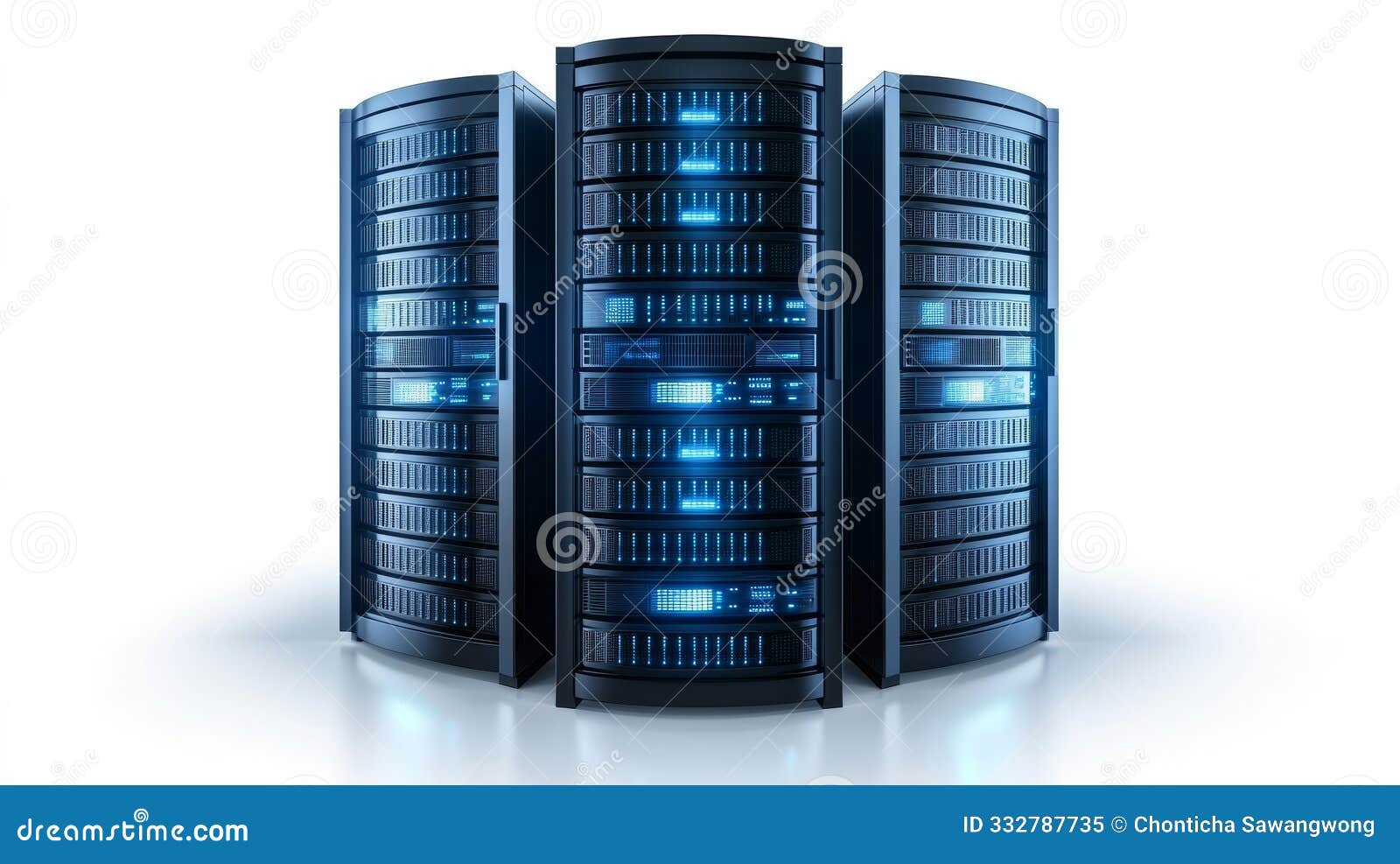 Three Large Server Racks with Blue Lights Illuminating the Front. the ...