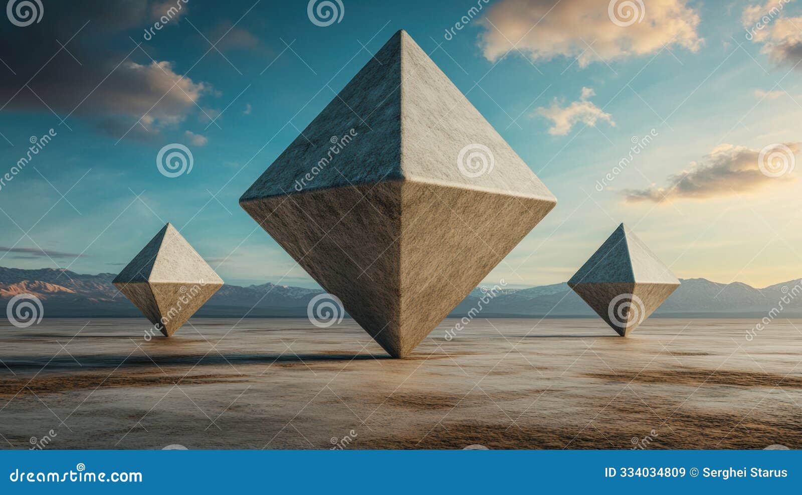 Three Large Stone Structures are in the Desert with Mountains Behind ...