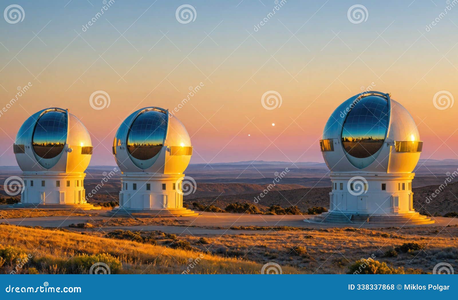Three Large Telescopes are on a Hillside, with the Sun Setting in the ...