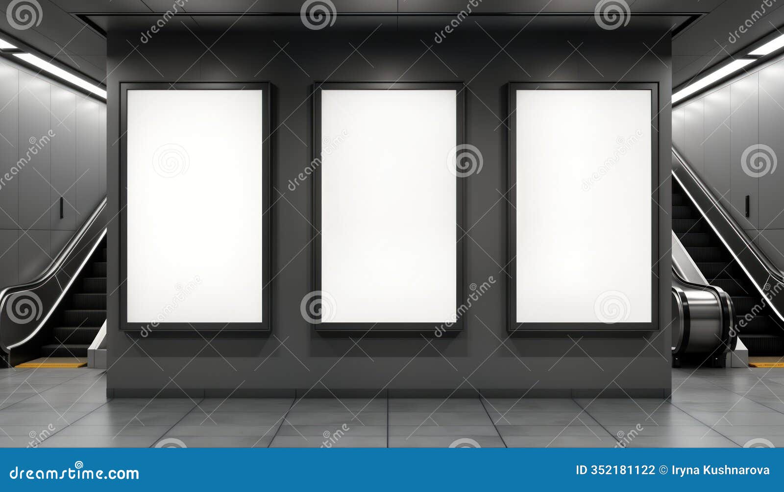 Three Large Vertical Blank Posters in a Metro Station. Metro Escalators ...