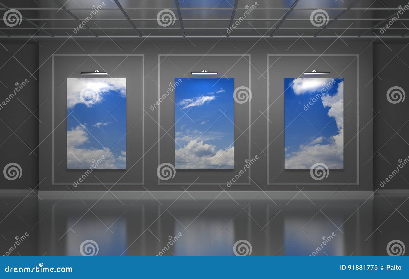 Three Large Vertical Posters on Wall in a Gallery with Cloudy Sky Stock ...