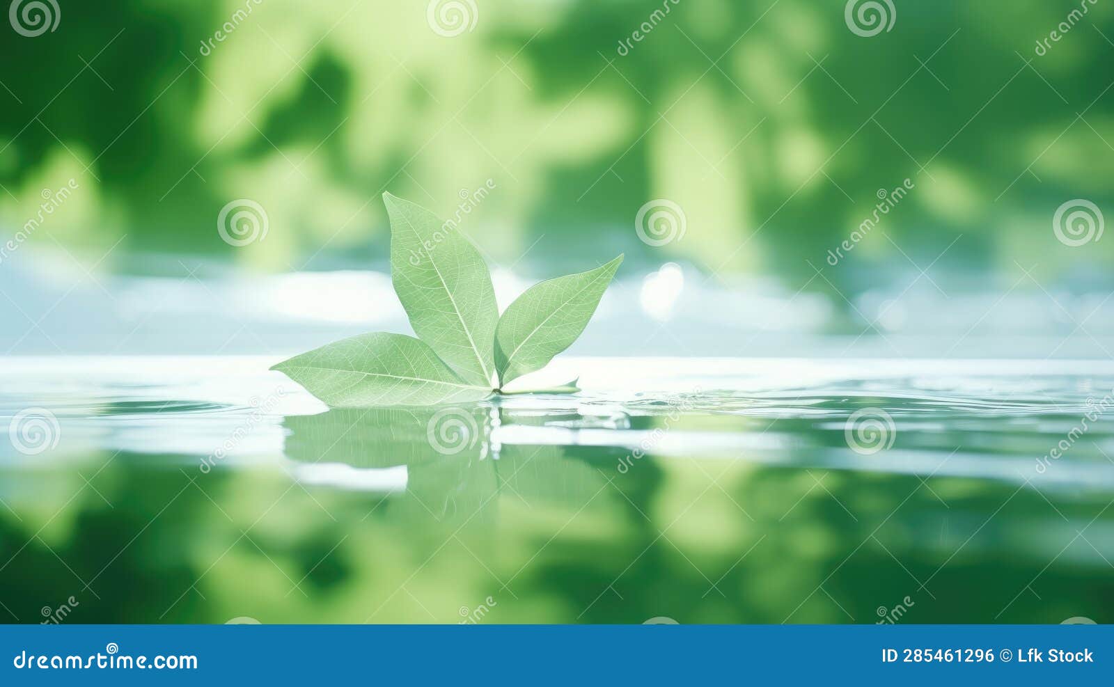 Three Leaves on Mirror Surface with Reflection Out of Focus Green Tones ...