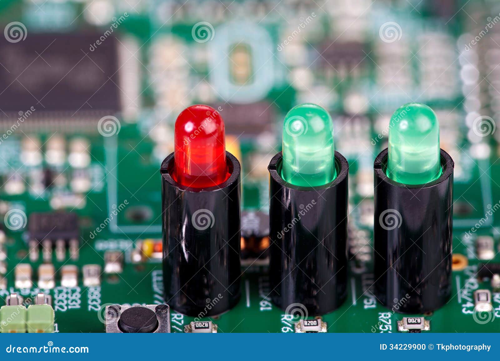 Three LEDs in Sockets on a Circuit Board Stock Photo - Image of ...