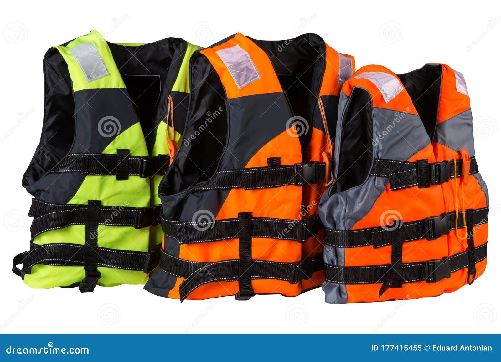 Three Life Jackets Stand in a Row, Two Orange and One Green Vest ...