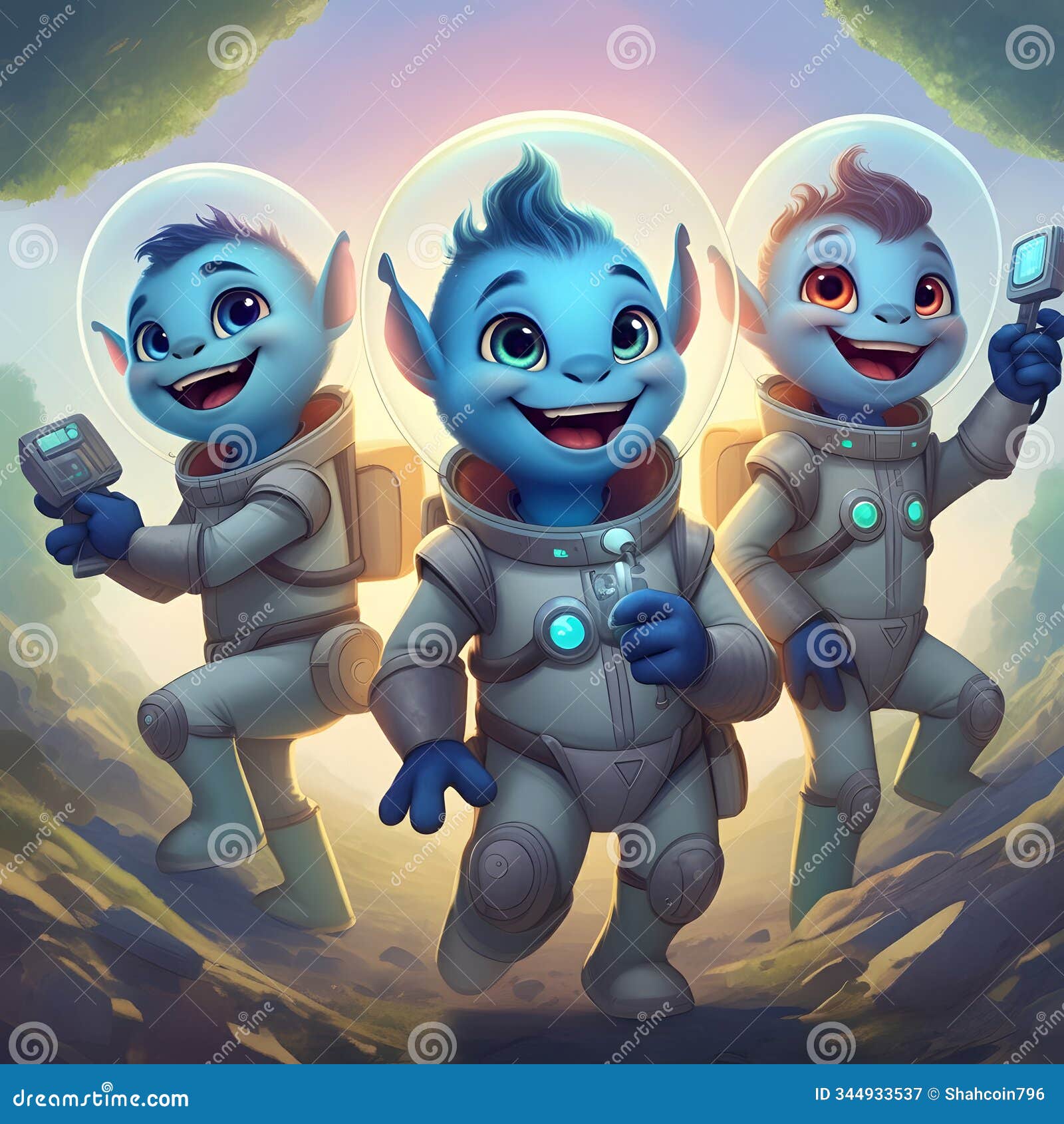 Three Light Blue Aliens in Futuristic Space Suits Running and Jumping ...