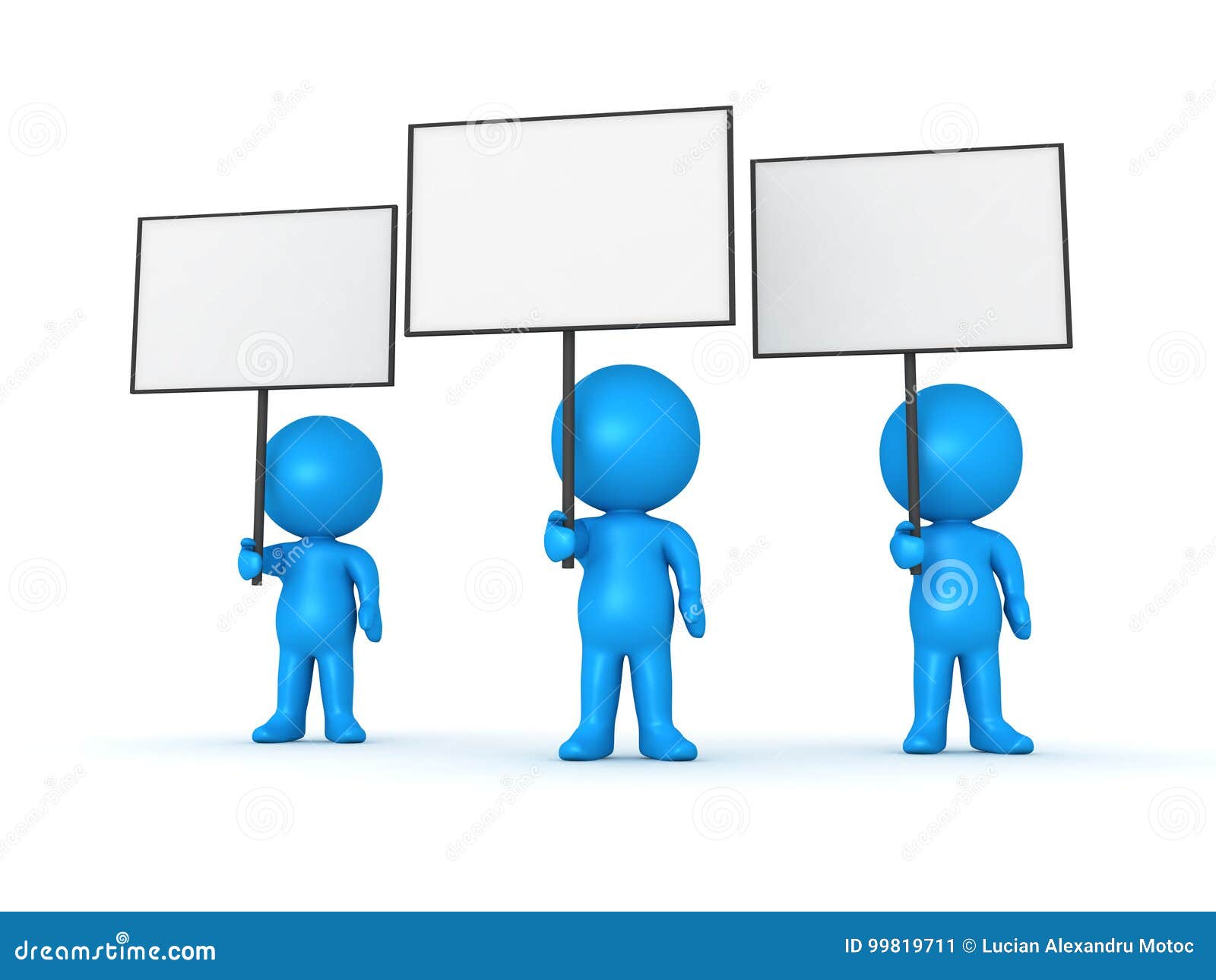 Three Light Blue 3D Characters Holding Blank Sign Placard Stock ...
