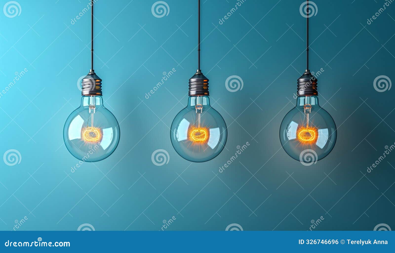 Three Light Bulbs Hanging from a Blue Background. the Bulbs are Lit Up ...