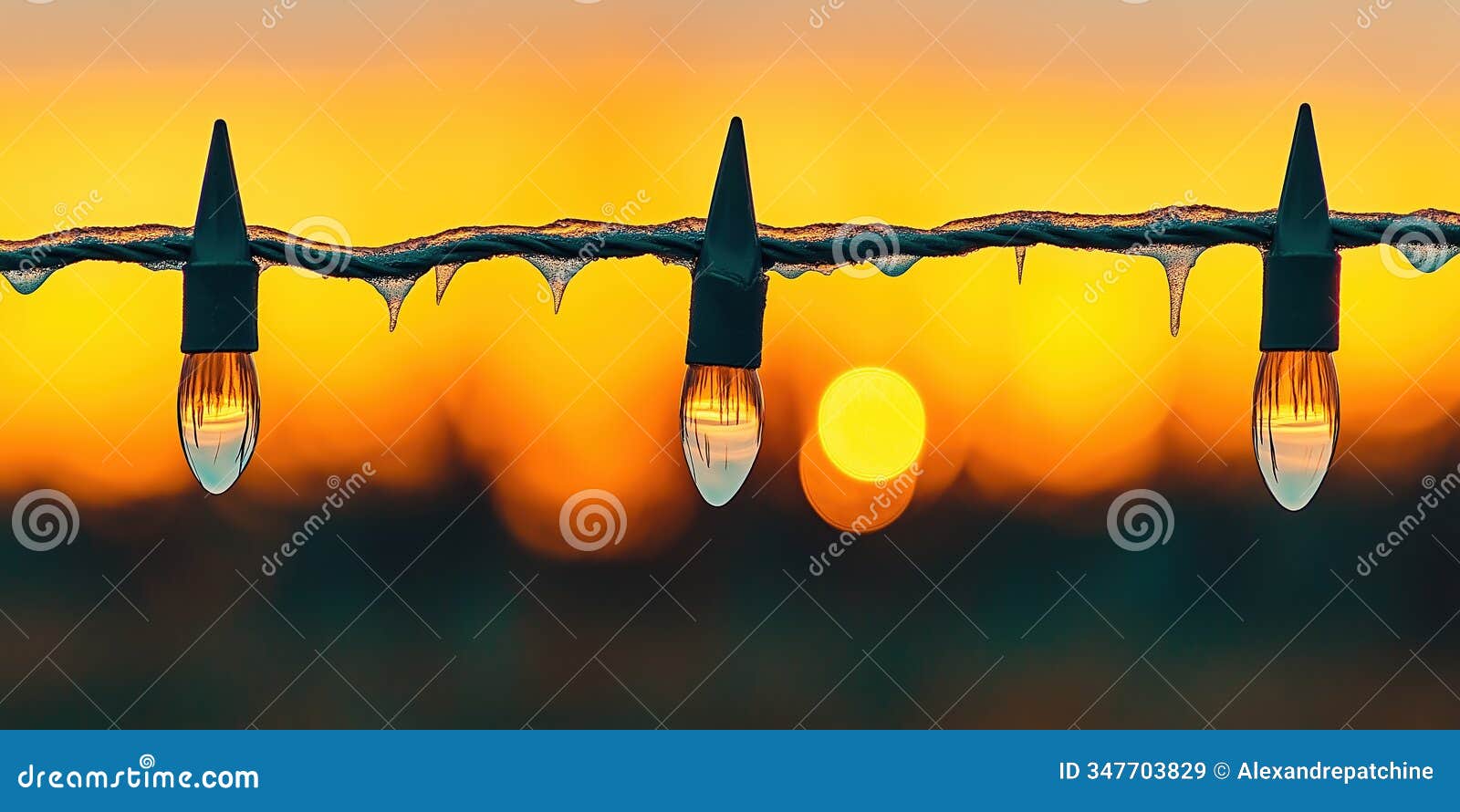 Three Lights are Hanging from a Wire, with the Sun in the Background ...