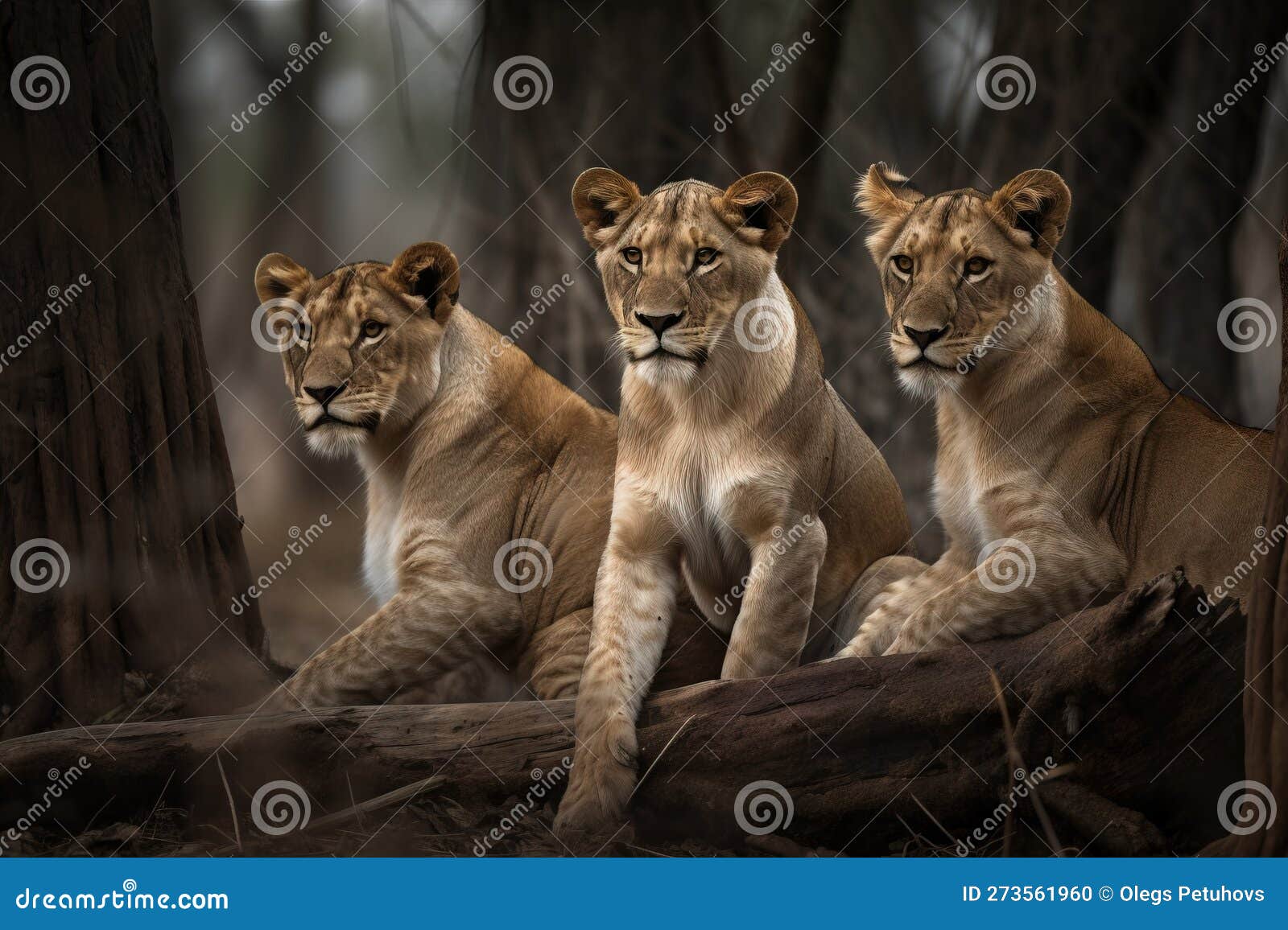 Three Lions Sitting on a Log in a Forest with Trees in the Background ...