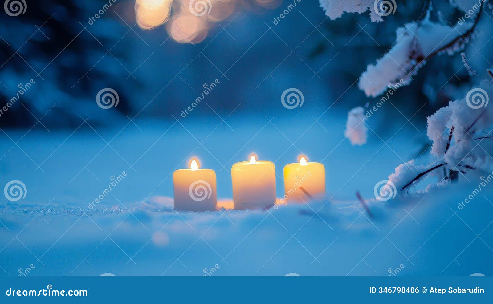 Three Lit Candles Nestled in Snowy Winter Scene Stock Photo - Image of ...
