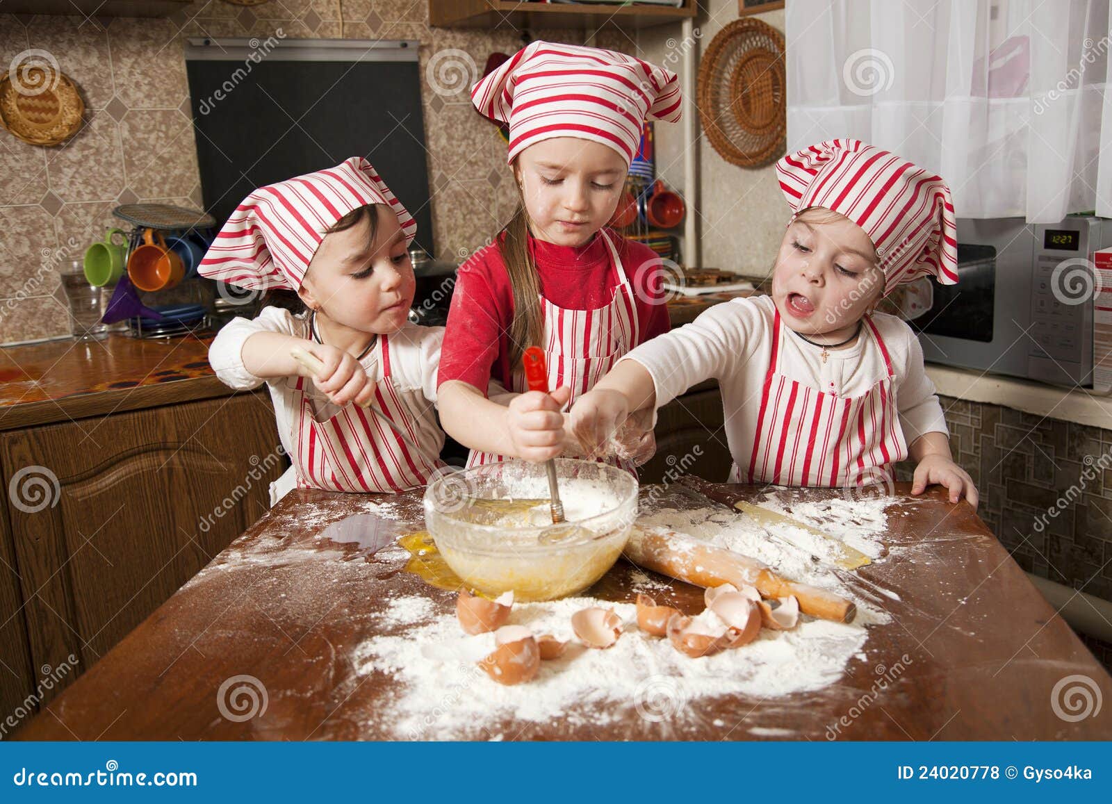 Three Little Chefs in the Kitchen Stock Photo - Image of flour, eggs ...
