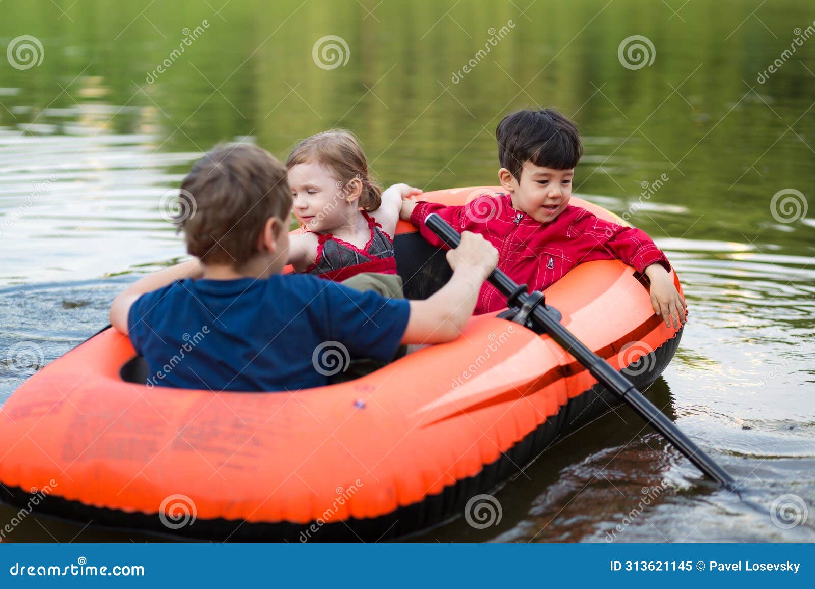 Three Little Friends Floating in a Rubber Boat on Stock Image - Image ...
