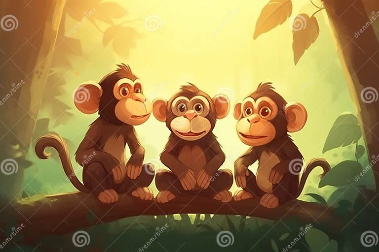Three Little Monkeys are Arguing Under Tree Stock Illustration ...