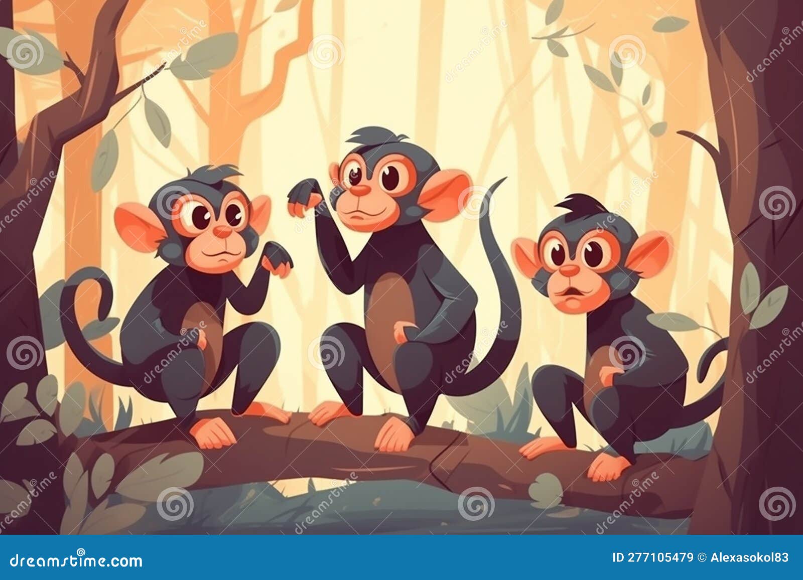 Three Little Monkeys are Arguing Under Tree Stock Illustration ...