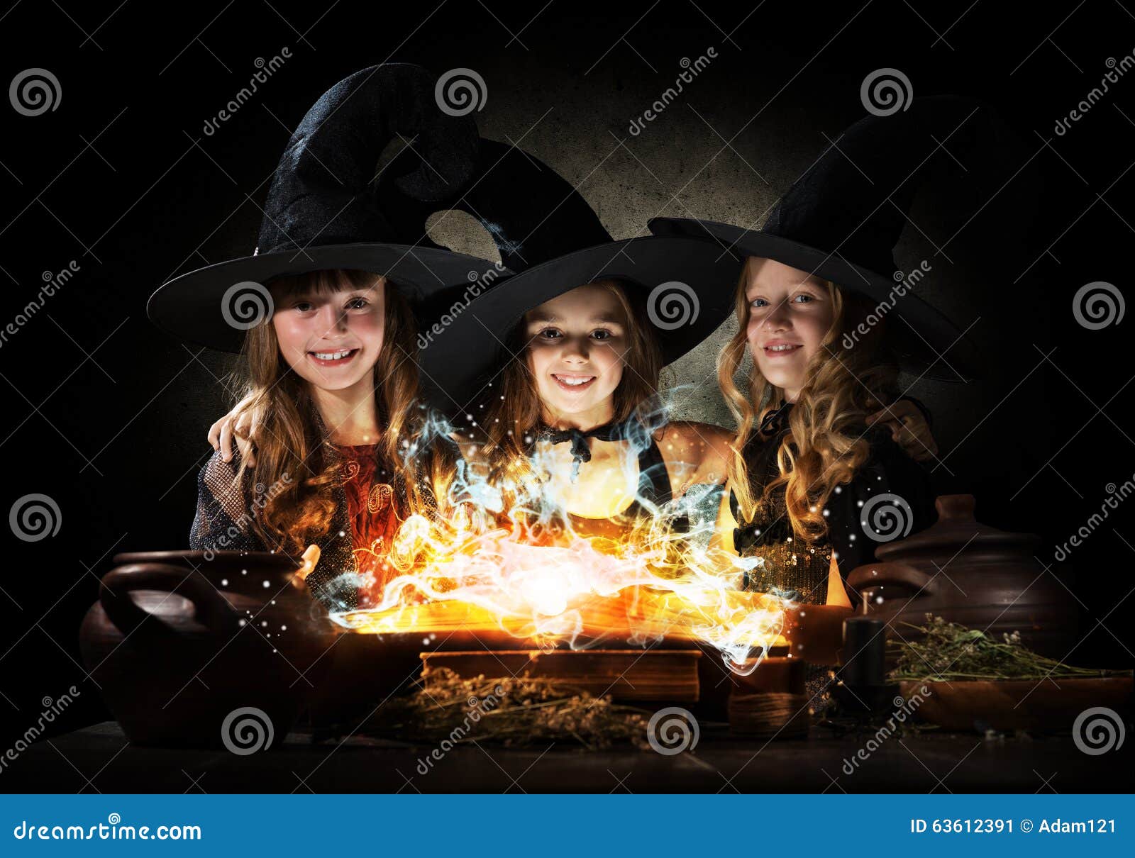 Three little witches stock image. Image of smoke, conjure - 63612391