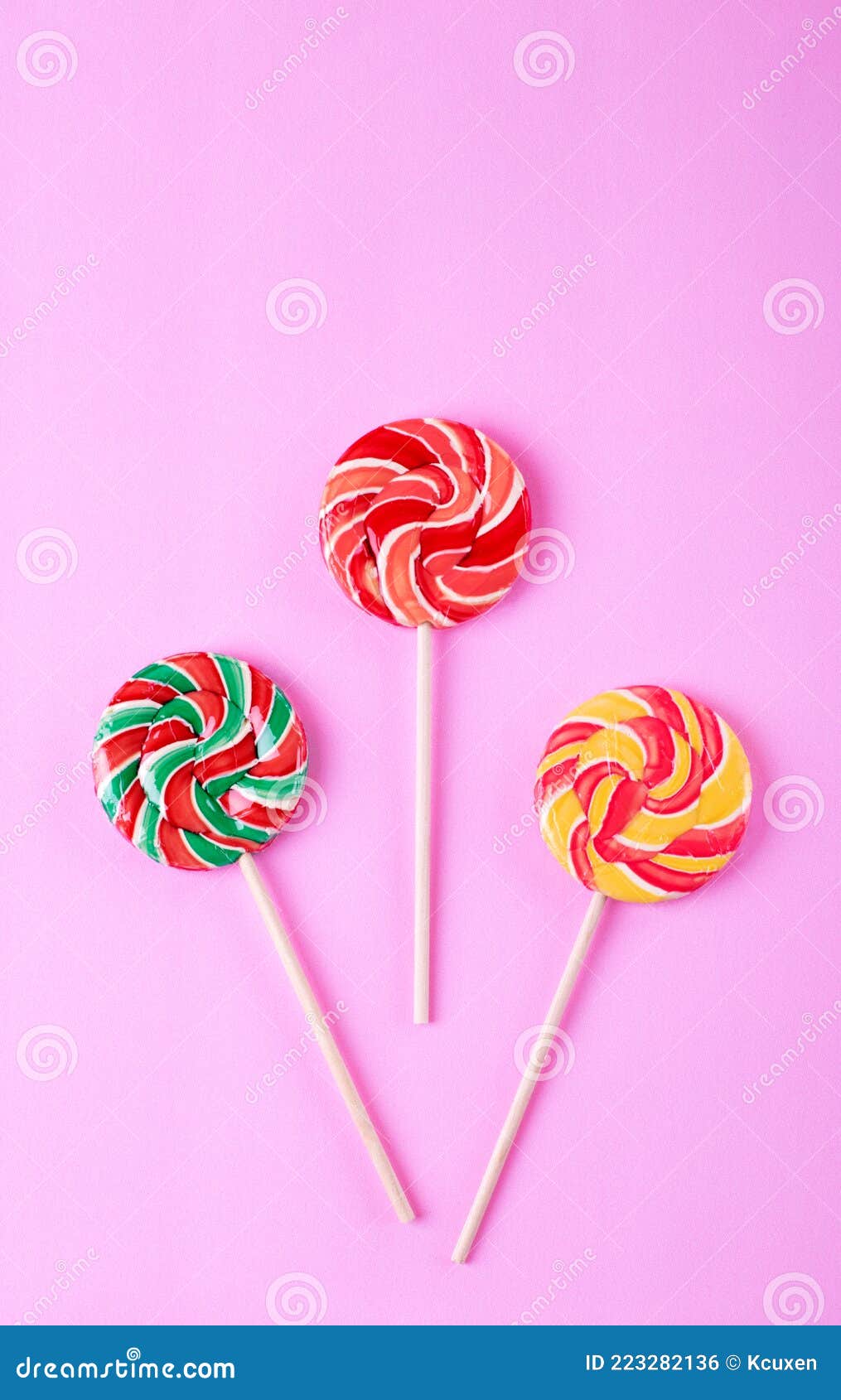 Three lollipops on pink stock photo. Image of hard, flat - 223282136