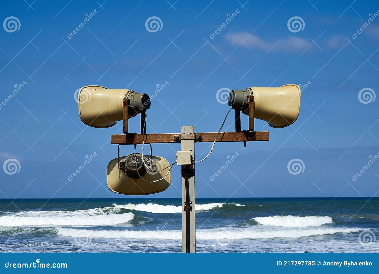 Three Loudspeakers on a Sea Coast. Megaphone Attention Stock Image ...