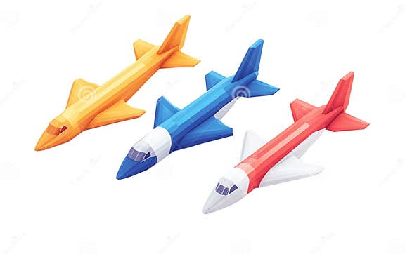 Three Low-Poly Jet Planes in Flight: Orange, Blue, and Red Aircraft ...