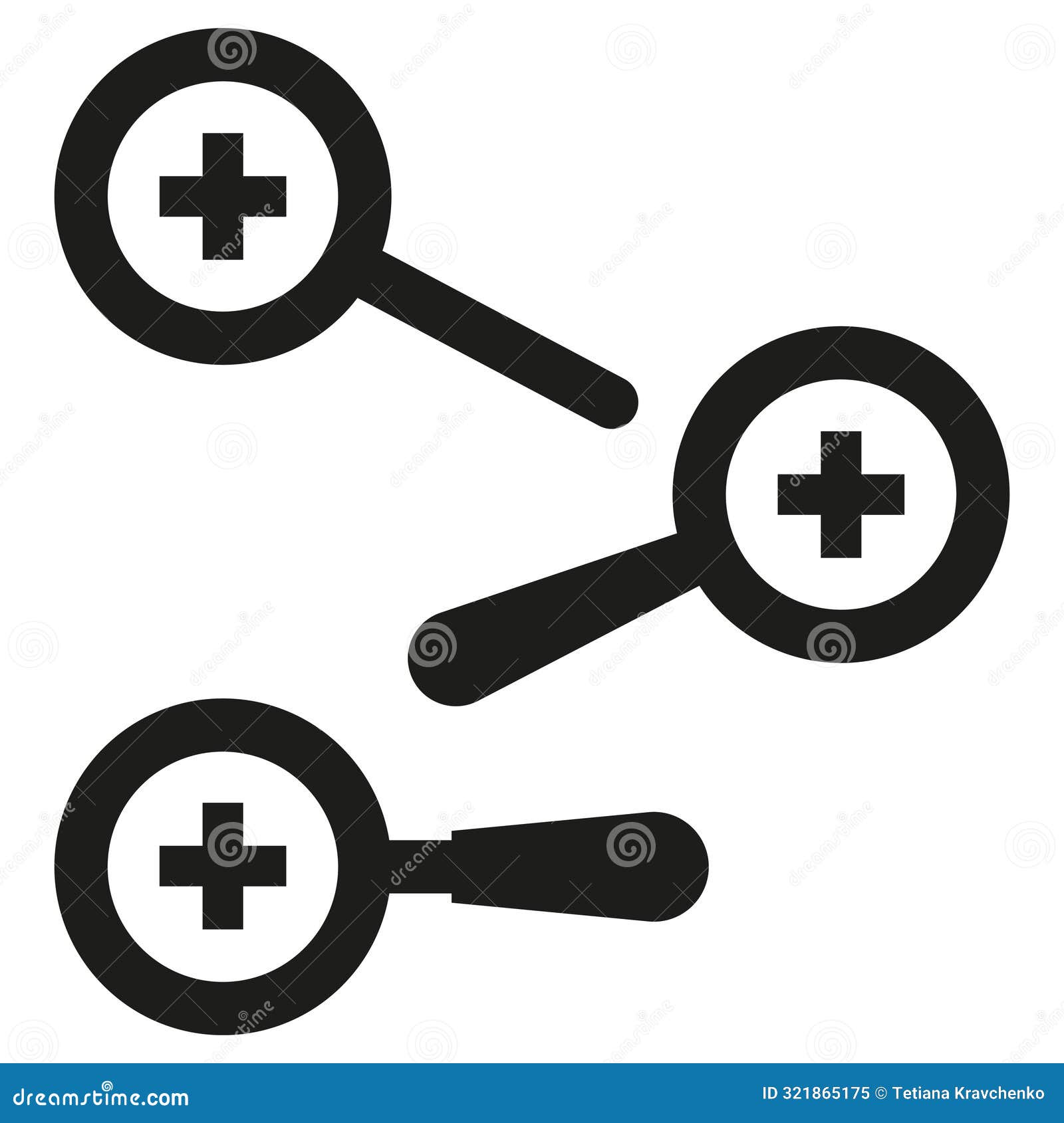 Three Magnifying Glasses. Different Handle Angles. Black Plus Symbols ...