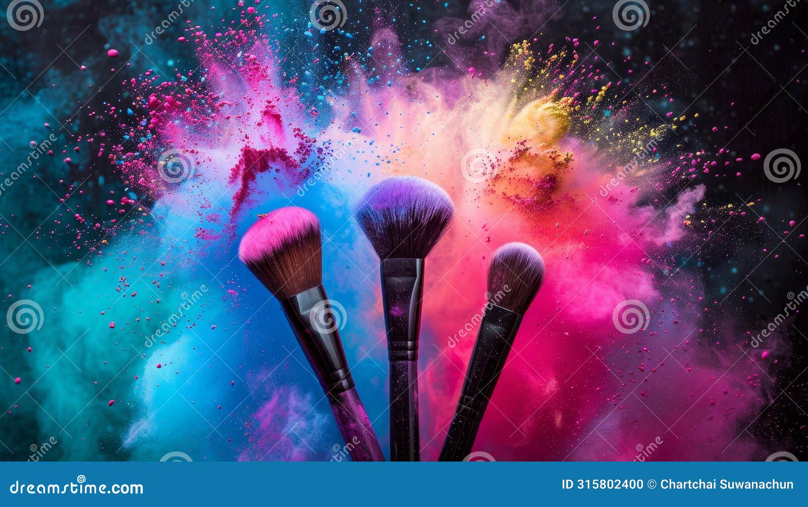 Three Makeup Brushes are Shown in a Colorful Explosion of Powder by AI ...