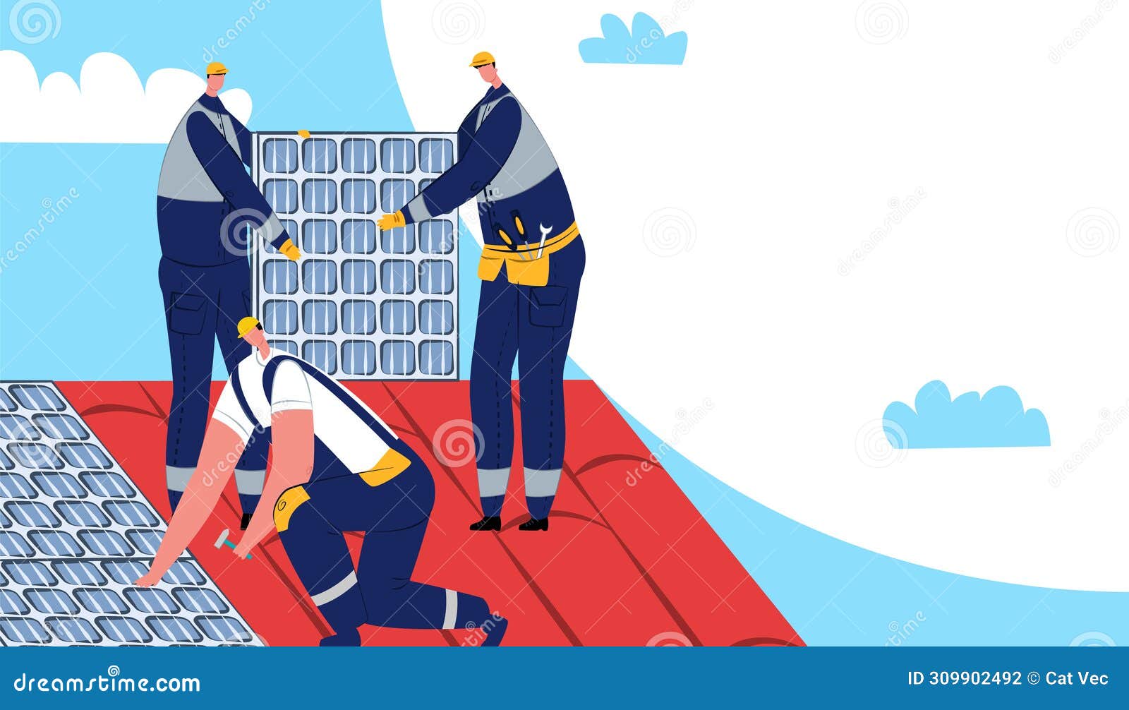 Three Male Construction Workers Installing Solar Panels Roof ...