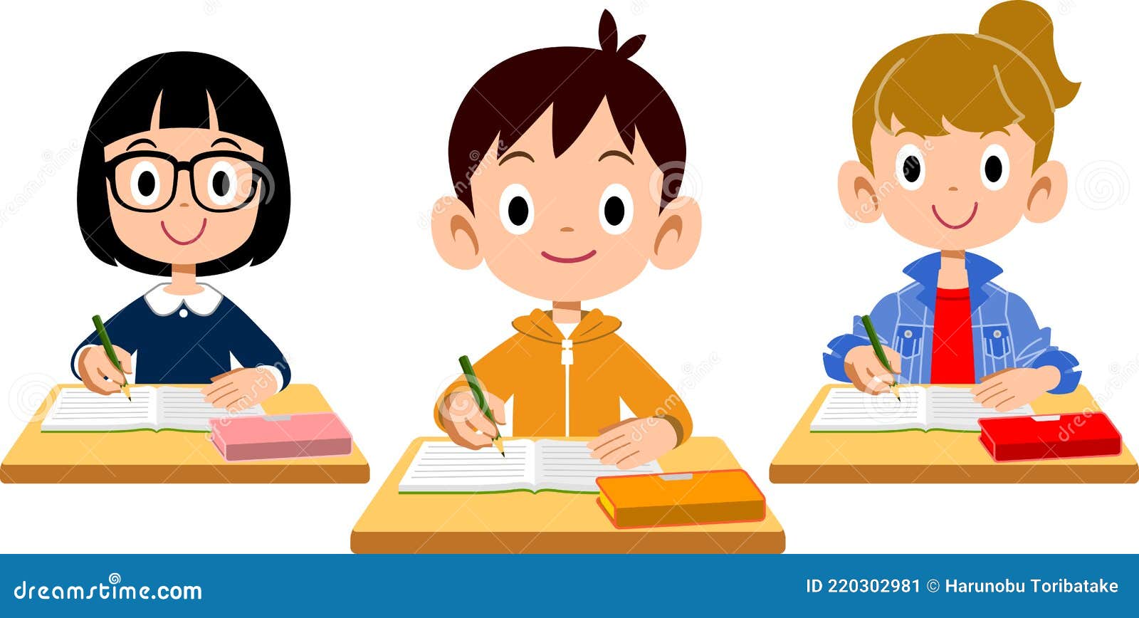 Three Male and Female Elementary School Students Taking Classes Stock ...