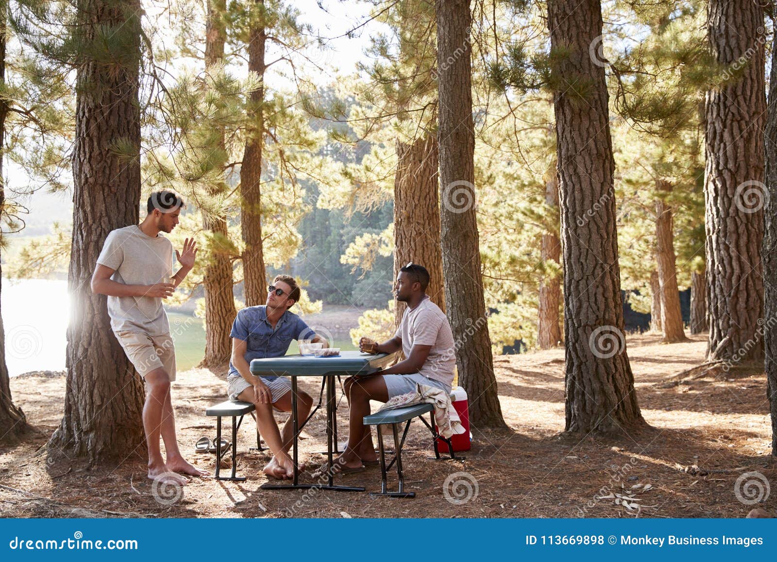 Three Male Friends Hanging Out Talking by a Lake Stock Photo - Image of ...