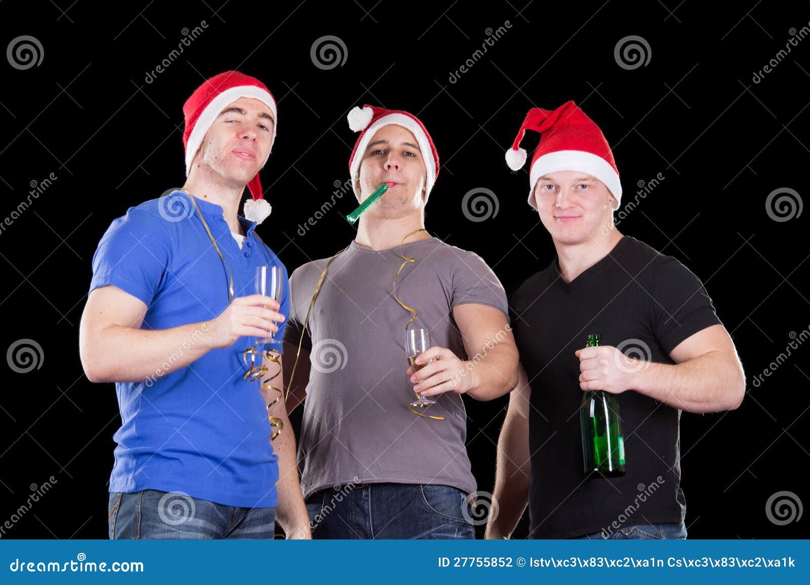 Three Man Wearing Santa Hat Stock Photo - Image of friend, alcohol ...