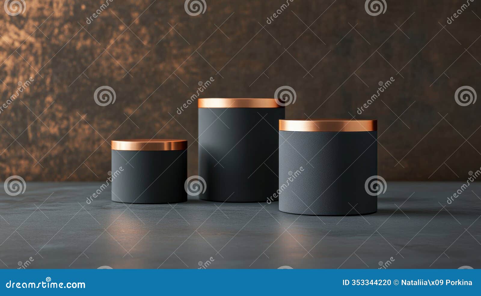 Three Matte Black Cylindrical Containers with Copper Lids on Table ...