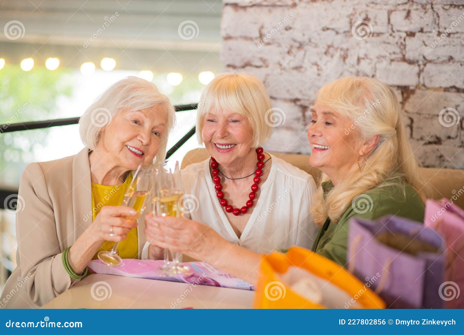 Three Mature Women Having a Celebration and Drinking Champaigne Stock ...