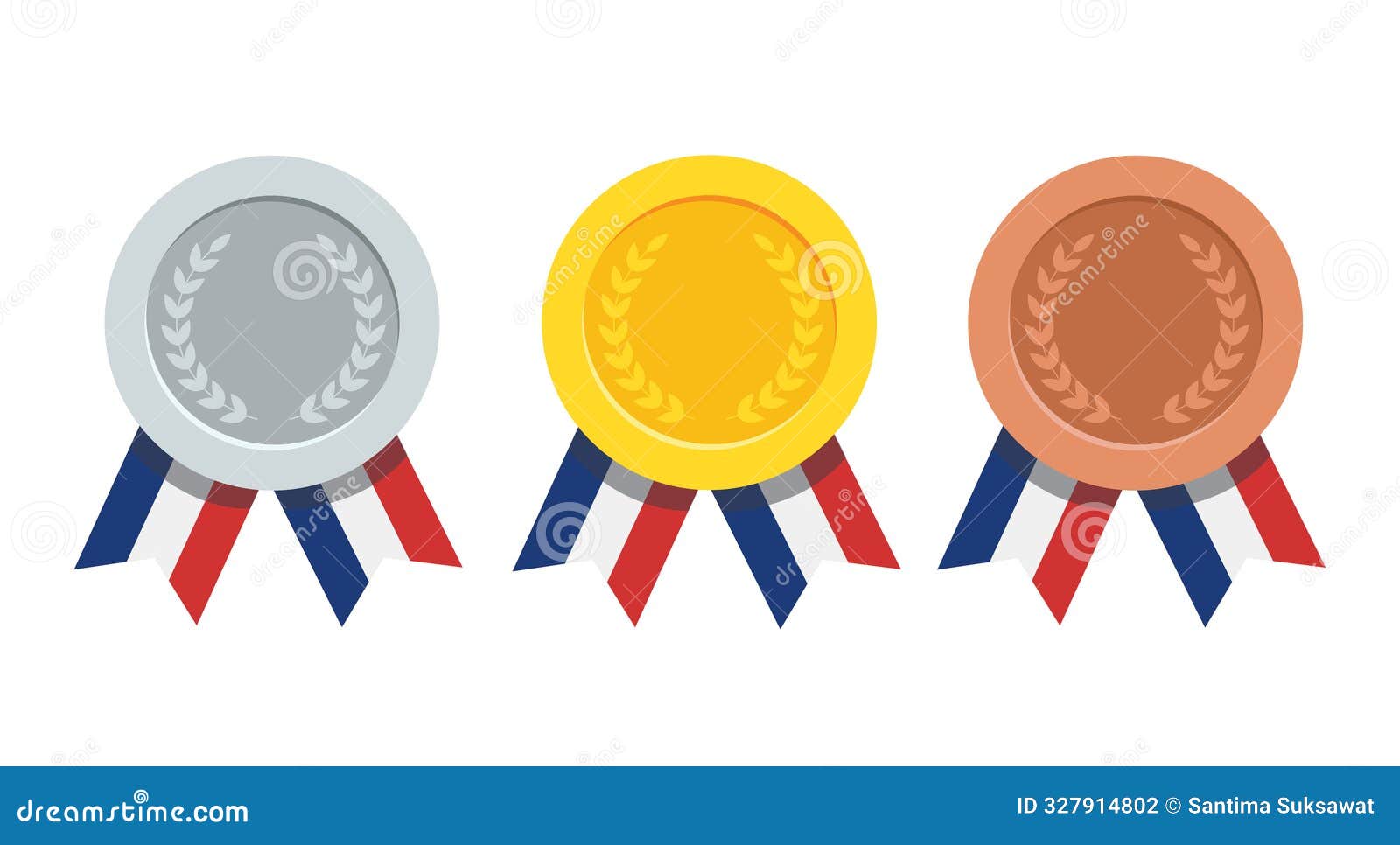 Three Medal with Gold Madel and Silver, Bronze Madel and Red Ribbon ...