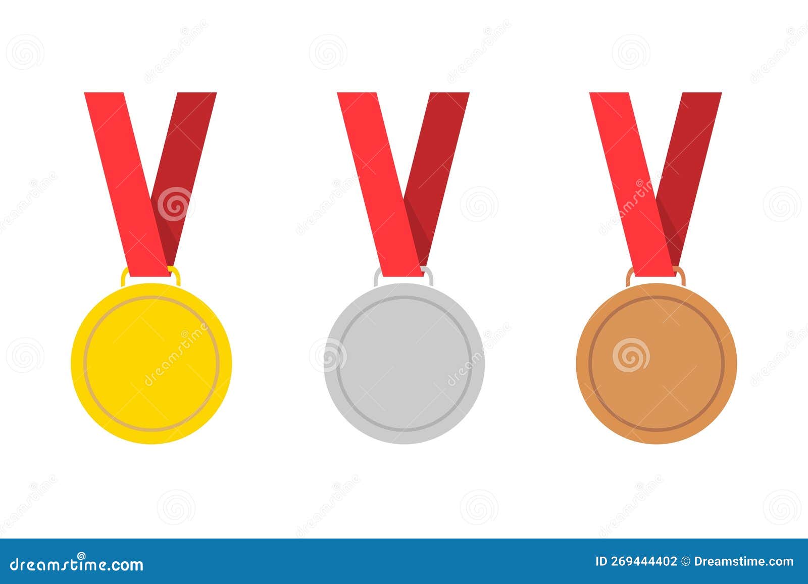 Three Medals Set. Gold, Silver And Bronze On Red Ribbon And Green, Blue Ribbon. Cartoon Vector ...