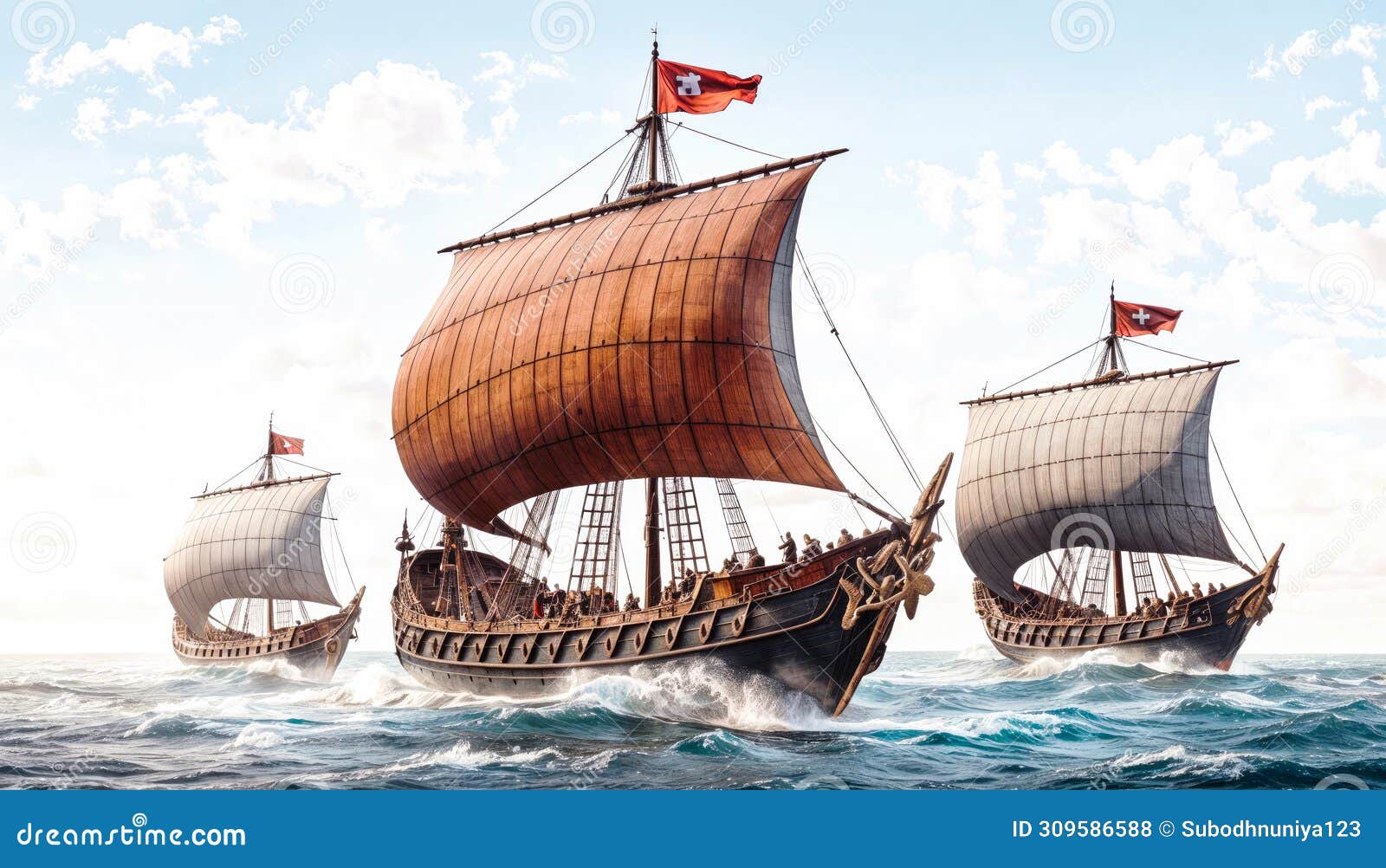 Three Medieval Ships Sailing through a Sea Stock Illustration ...