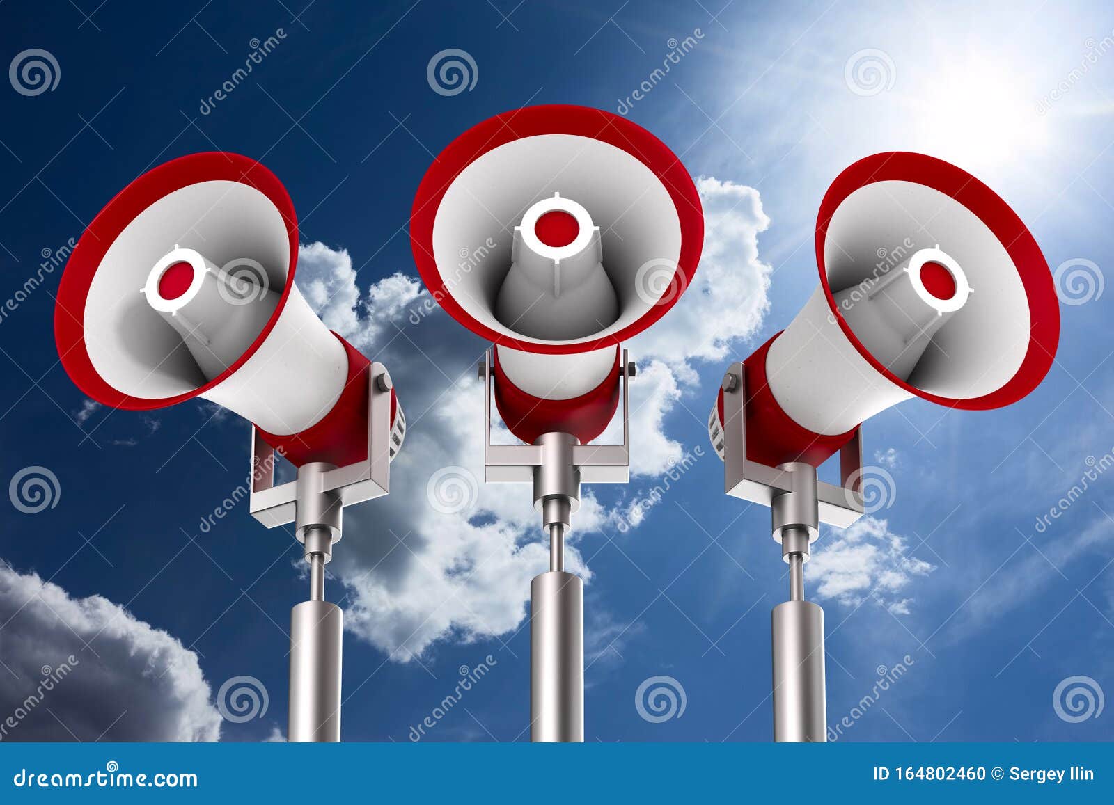 Three Megaphones On Sky Background. Isolated 3D Illustration ...