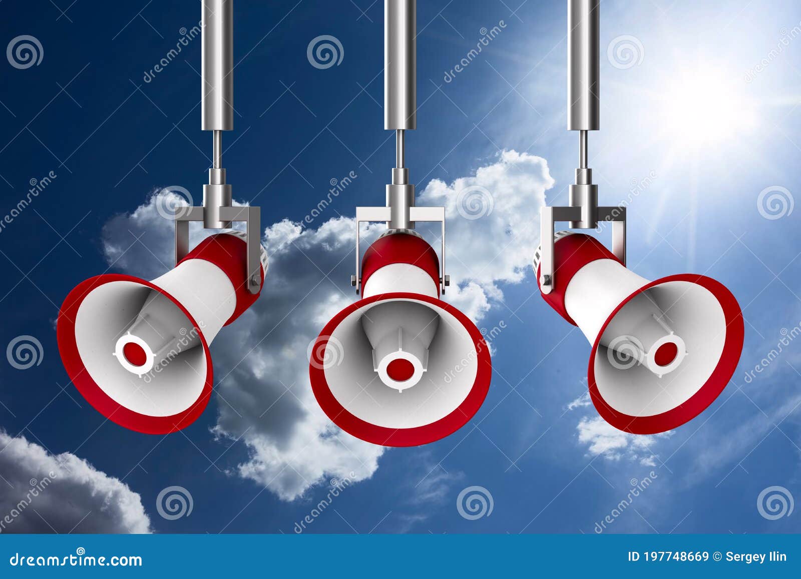 Three Megaphones On Sky Background. Isolated 3D Illustration ...