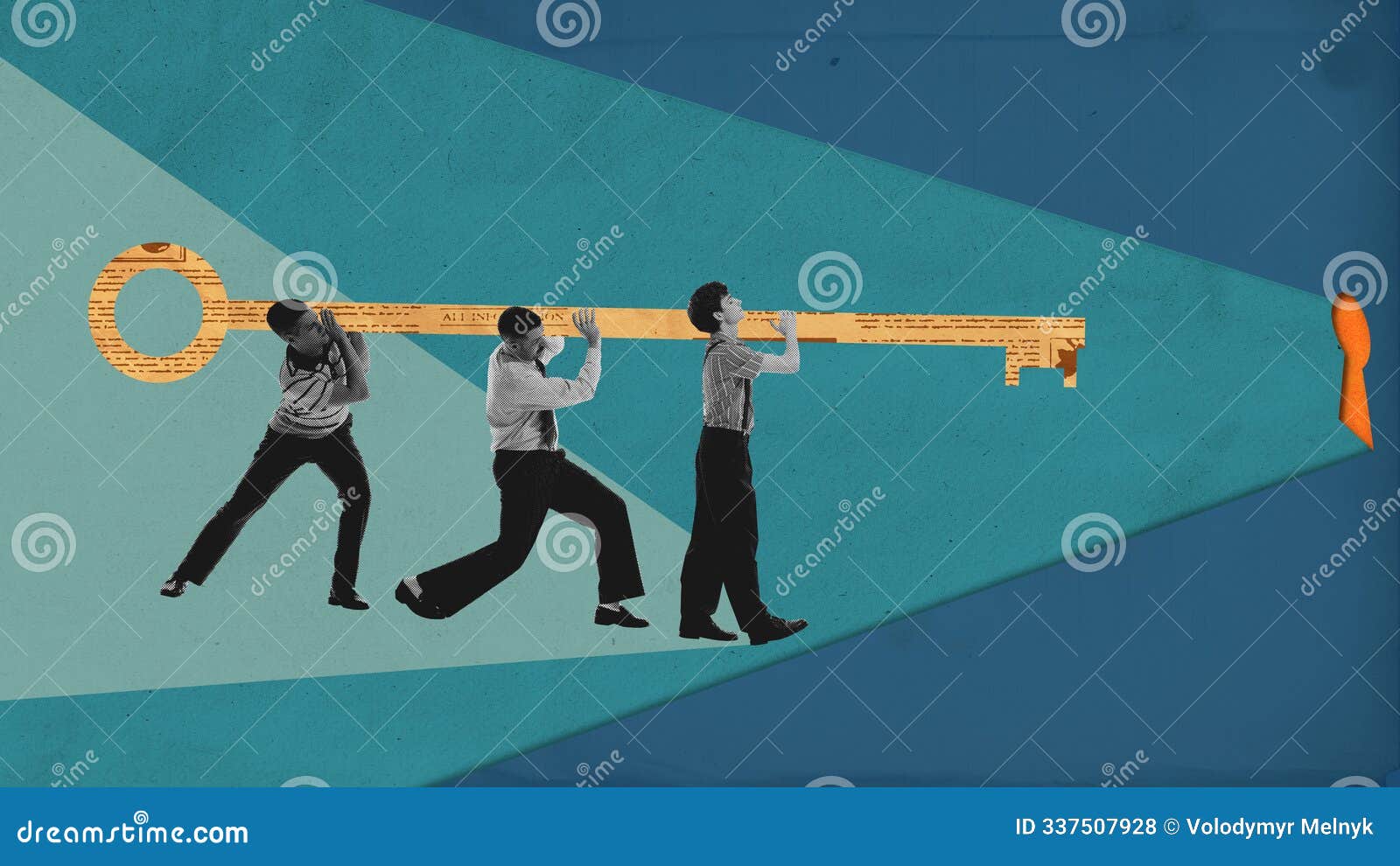 Three Men Carrying Large Golden Key Toward Keyhole, Symbolizing ...