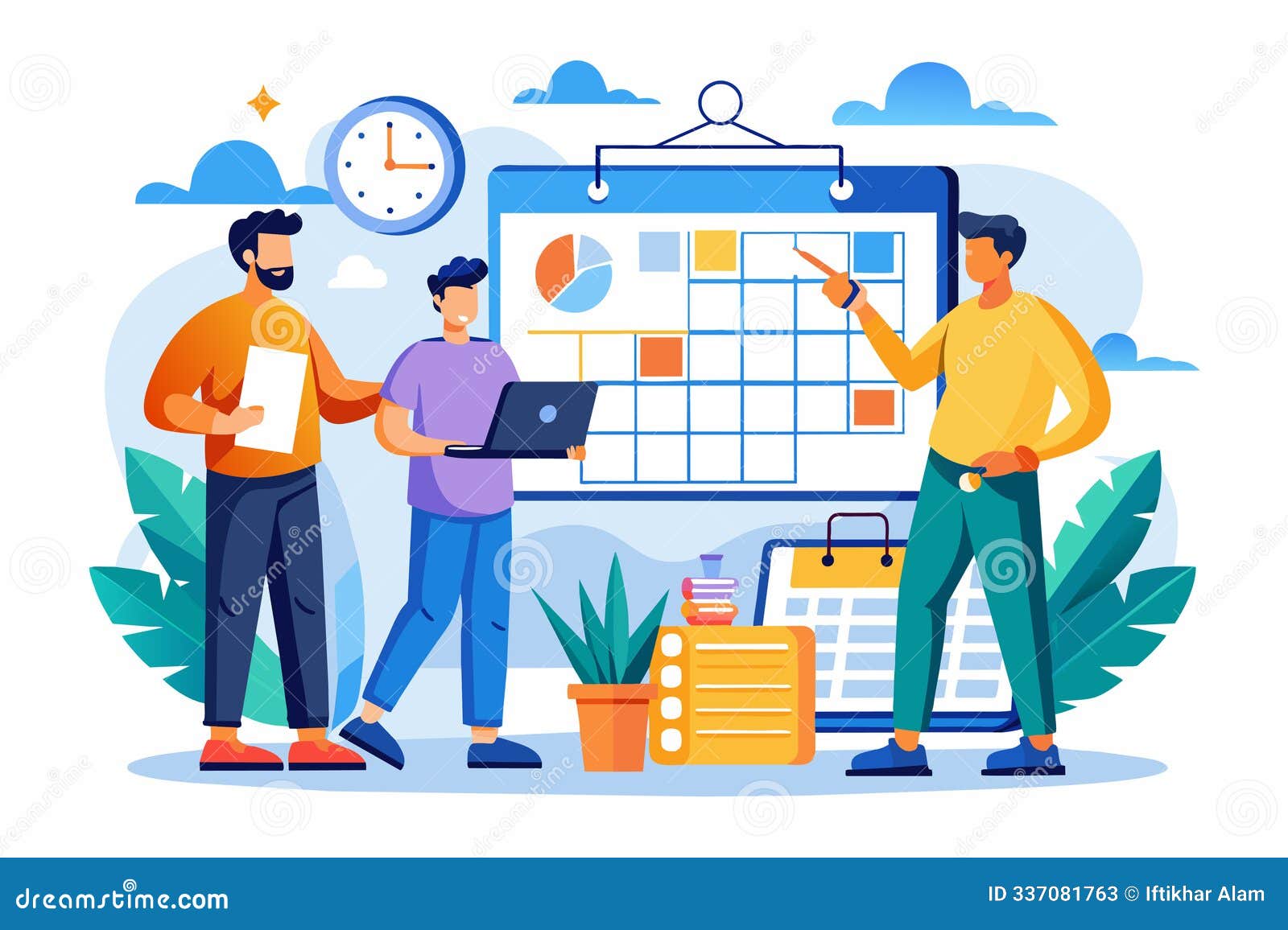 Three Men Collaborate on Planning Work Schedules Using a Calendar and ...