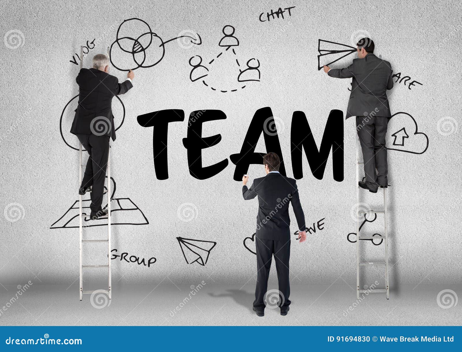 Three Men Drawing a Graphic about Team on a Wall Stock Illustration ...