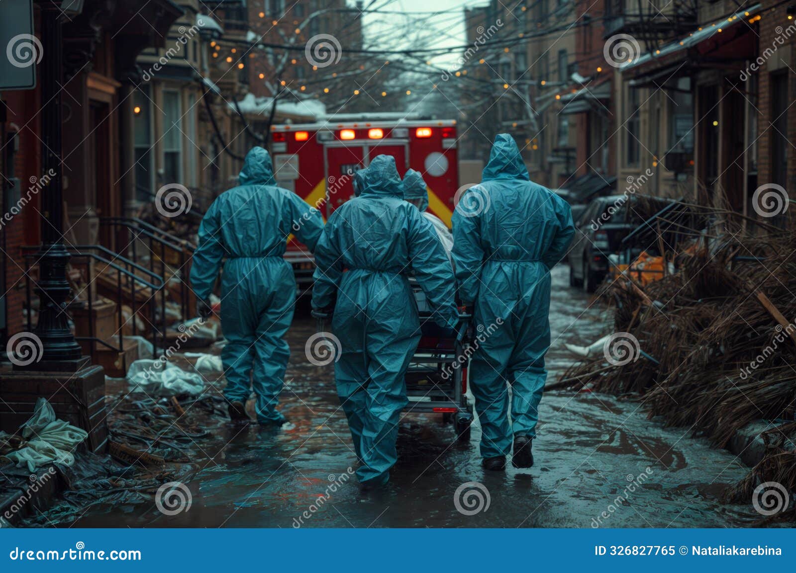 Three Men in Hazmat Suits Pull a Cart Amidst a Devastated City after a ...
