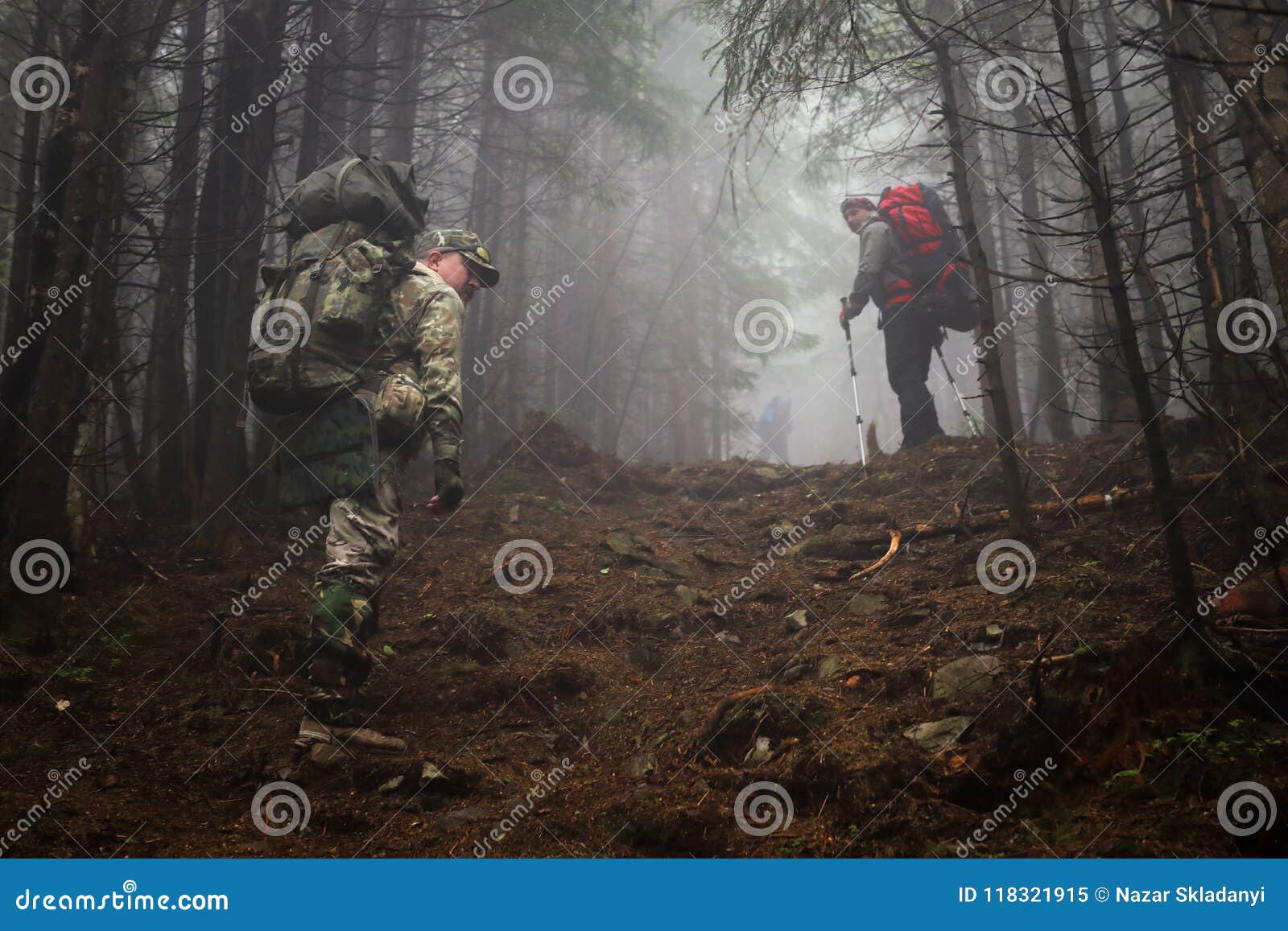 Three Men Hike in Forest with Backpack for Trekking Stock Image - Image ...