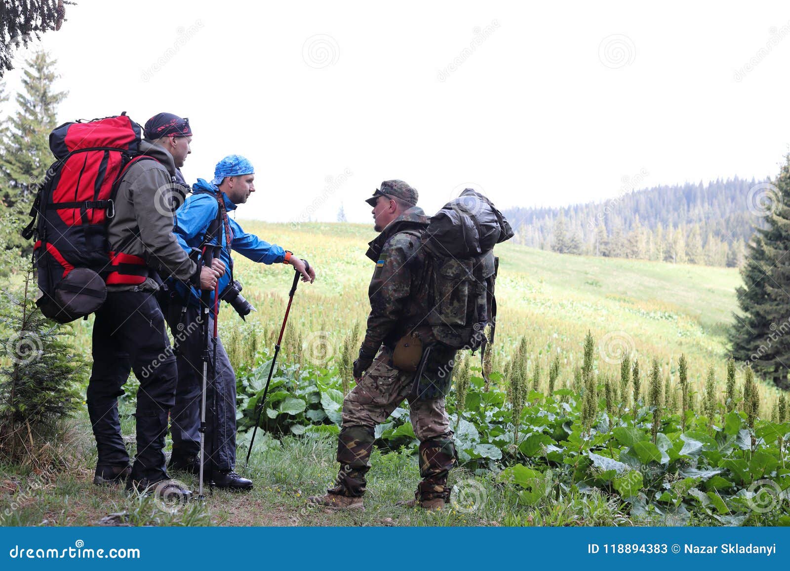 Three Men Hike in Forest with Backpack for Trekking Stock Image - Image ...