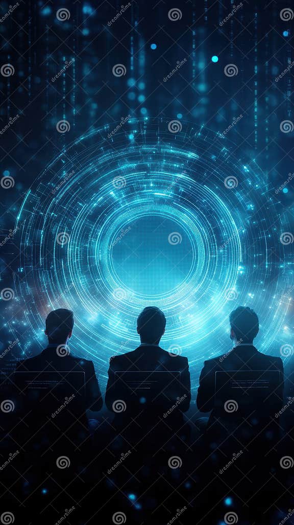 Three Men Observing Digital Data Visualization Stock Illustration ...