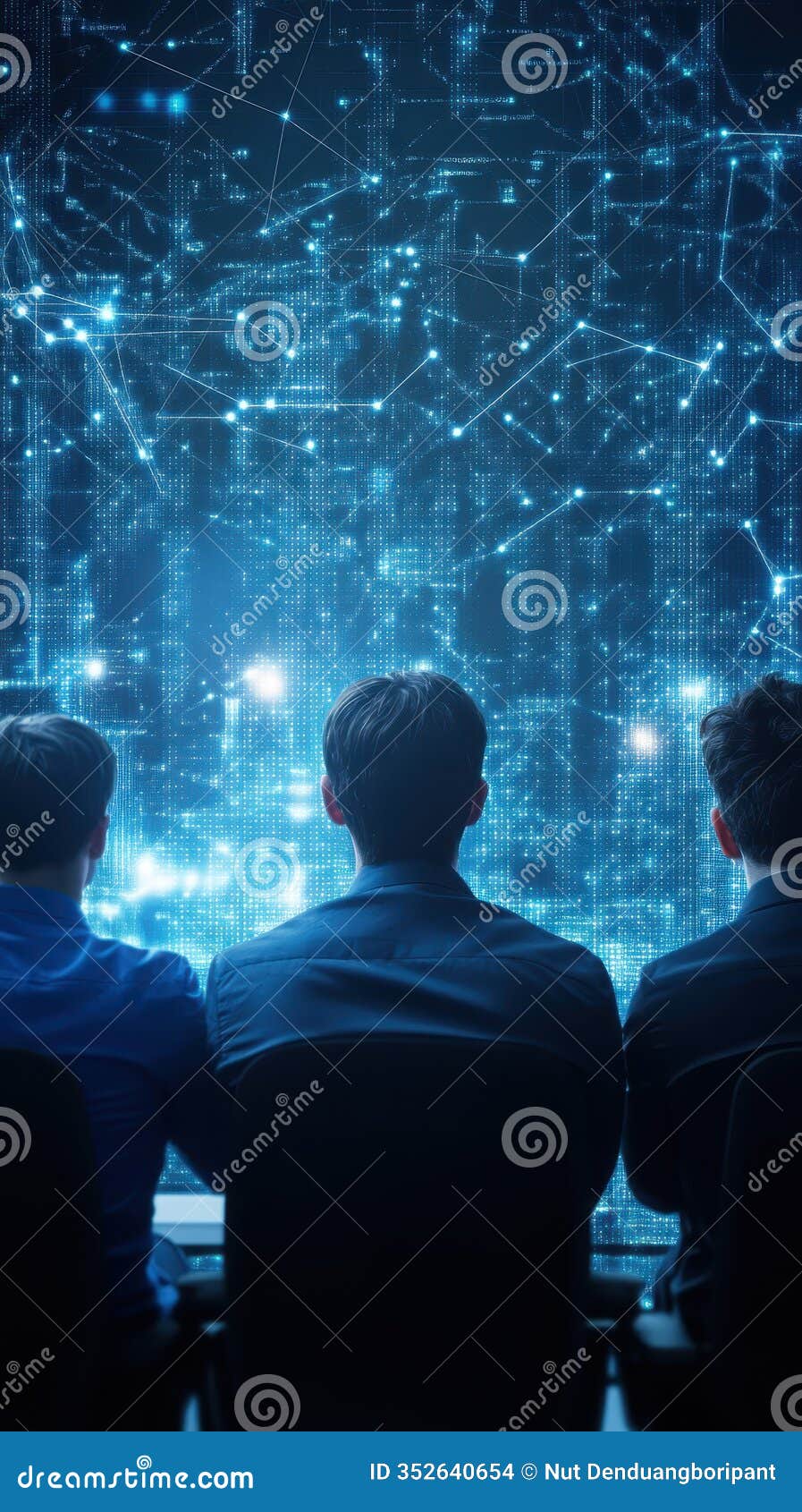 Three Men Observing Digital Data Visualization Display Stock ...